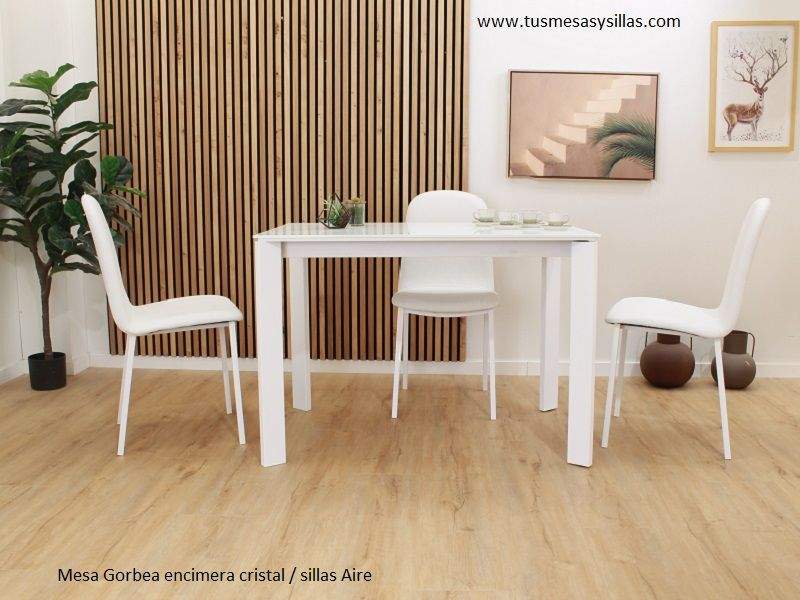 Mesa de cocina o comedor con encimera de cristal blanca y multiples medidas