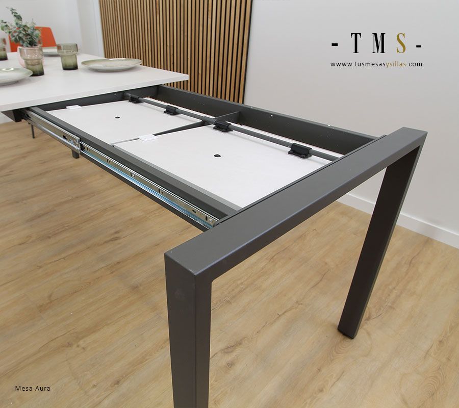 Mesa de comedor moderna y elegante y 2 extensiones para cocina abierta.