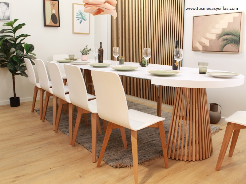 Mesa redonda comedor extensible con pie central Taifin estilo nordico